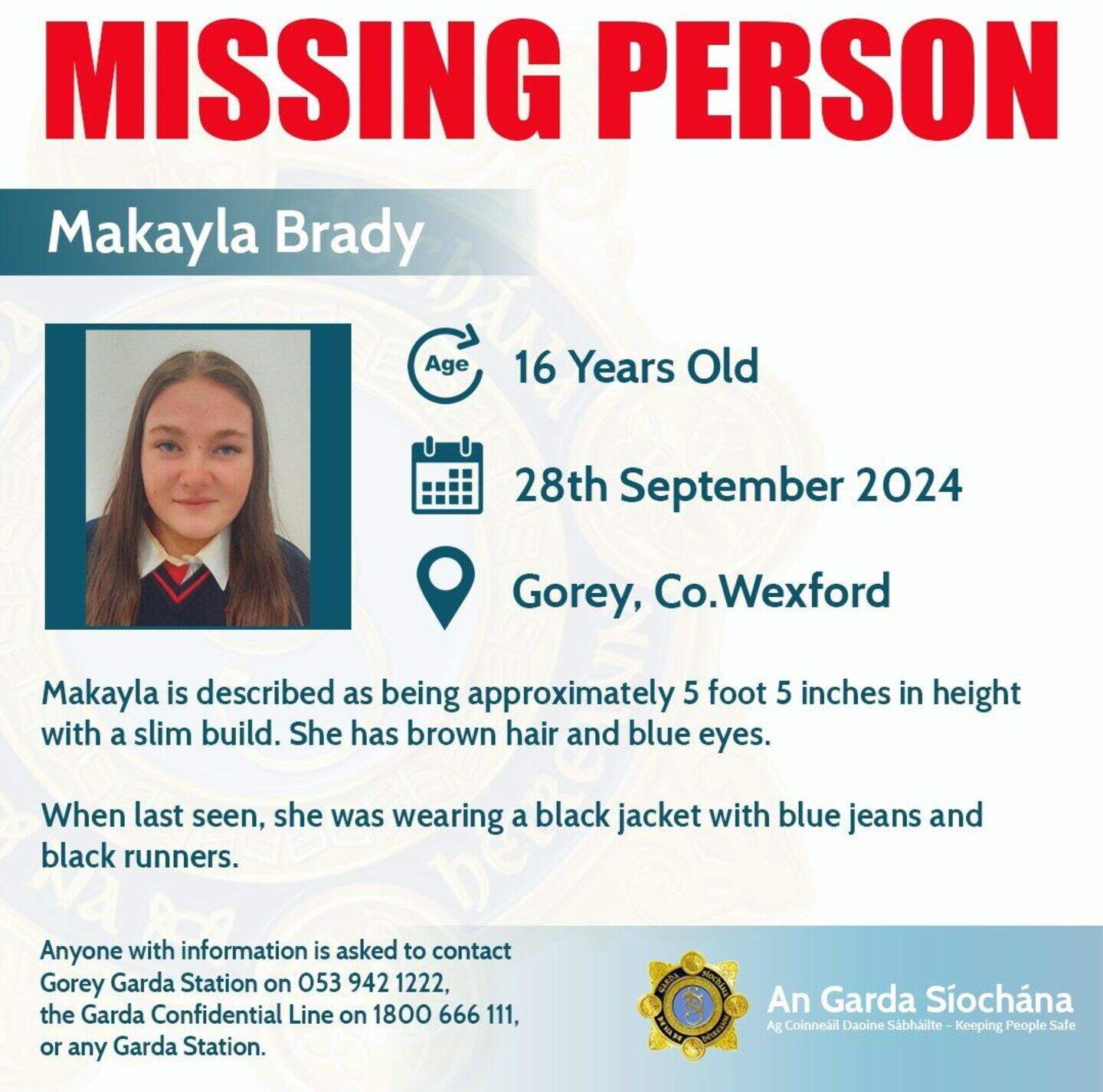 Gardaí seek help finding 16-year-old Makayla Brady, missing from Gorey ...