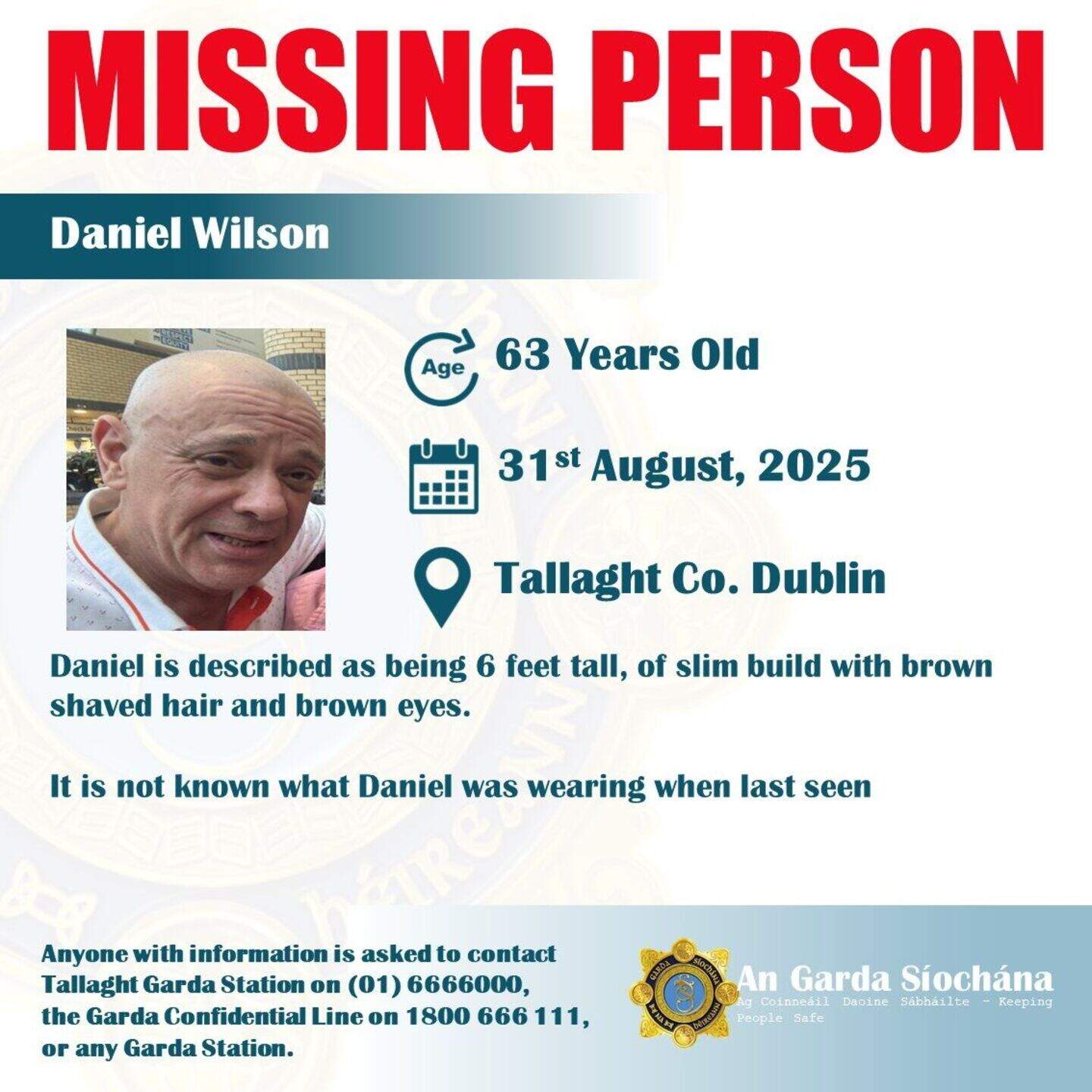 Gardaí seek help tracing Daniel Wilson (63), reported missing from ...